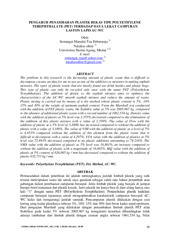 (PDF) Pengaruh Penambahan Plastik Bekas Tipe Polyethylene Terephthalate (Pet) Terhadap Daya ...