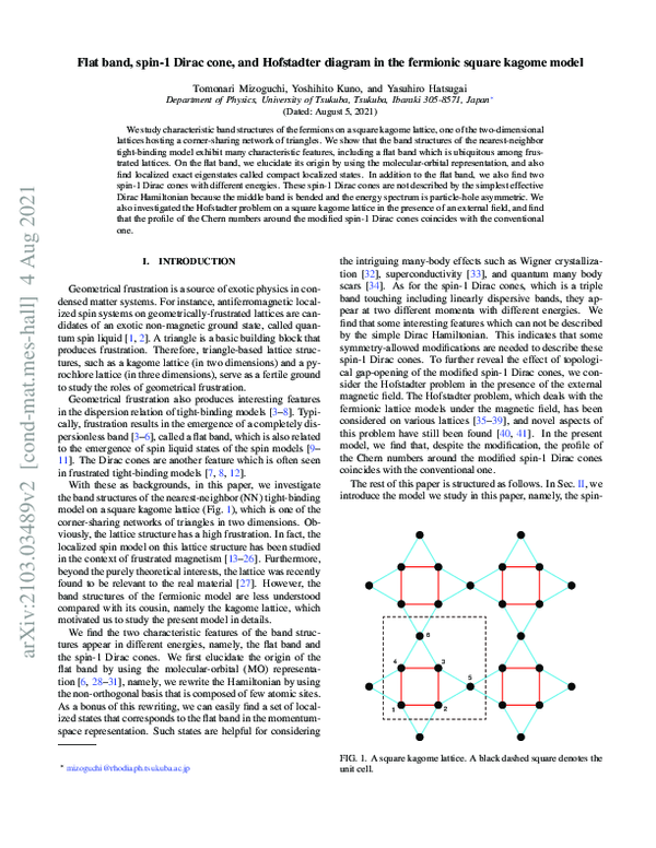 (PDF) Flat band, spin-1 Dirac cone, and Hofstadter diagram in the ...