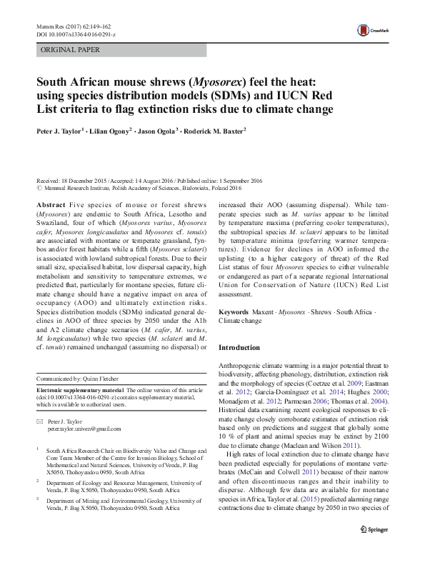 (PDF) South African mouse shrews (Myosorex) feel the heat: using ...