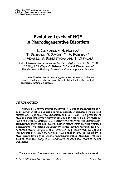 (PDF) Evolutive levels of NGF in neurodegenerative disorders