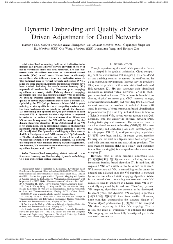 (PDF) Dynamic Embedding and Quality of Service-Driven Adjustment for Cloud Networks