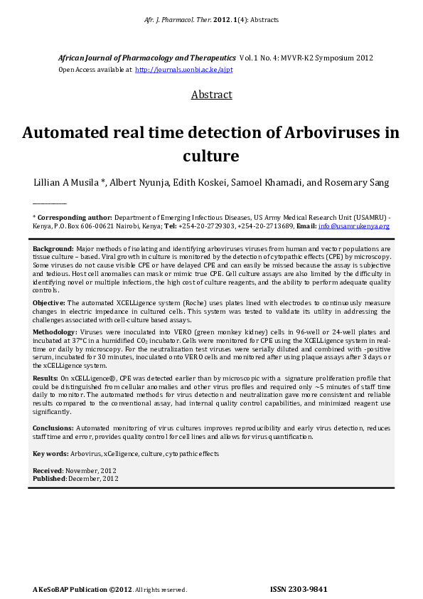 (PDF) Automated real time detection of Arboviruses in culture