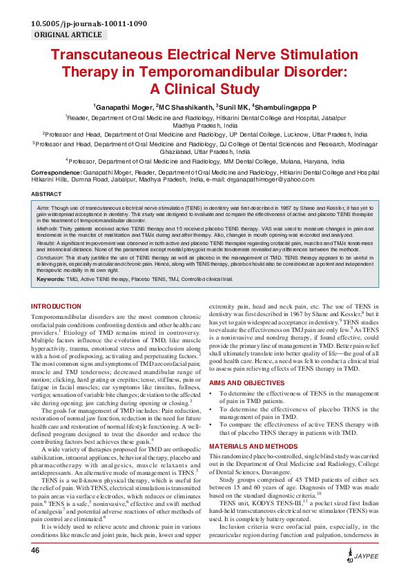 (PDF) Transcutaneous Electrical Nerve Stimulation Therapy in Temporomandibular Disorder: A ...
