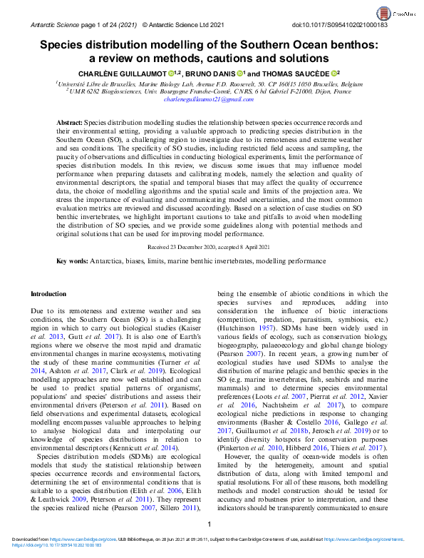 (PDF) Species distribution modelling of the Southern Ocean benthos: a ...