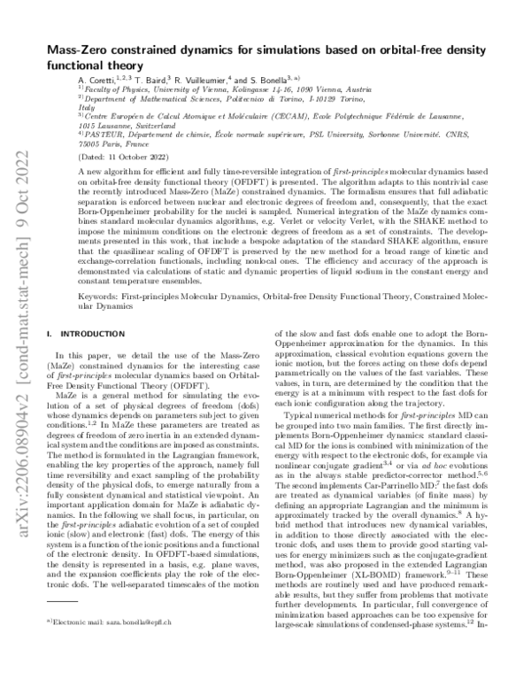 (PDF) Mass-Zero constrained dynamics for simulations based on orbital-free density functional theory