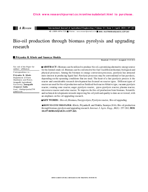 (PDF) Bio-oil production through biomass pyrolysis and upgrading research
