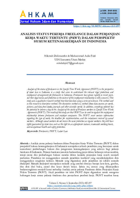 (PDF) ANALISIS STATUS PEKERJA FREELANCE DALAM PERJANJIAN KERJA WAKTU TERTENTU (PKWT) DALAM ...
