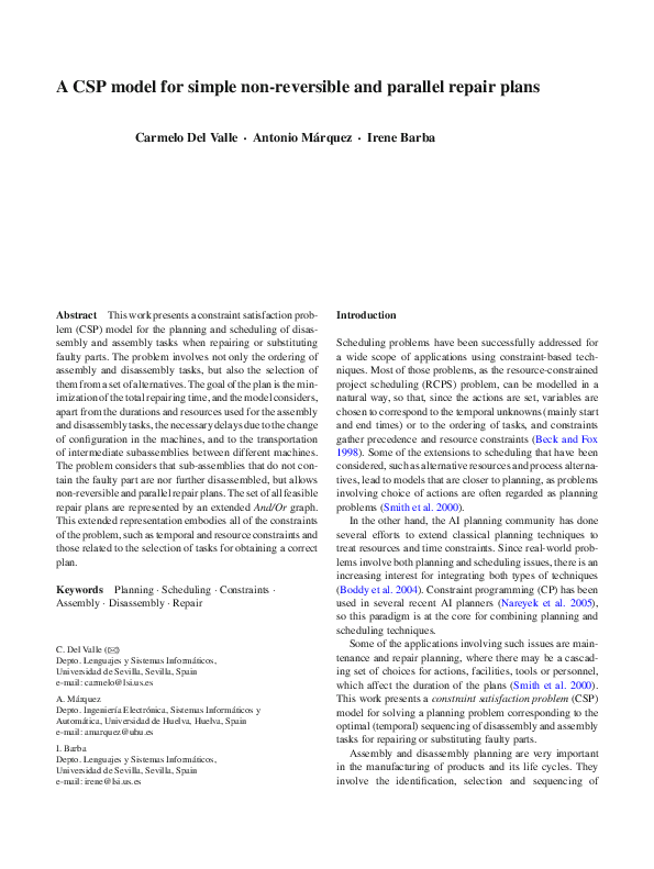 (PDF) A CSP model for simple non-reversible and parallel repair plans