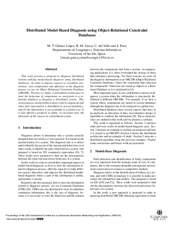 Pdf Distributed Model Based Diagnosis Using Object Relational Constraint Databases Carmelo