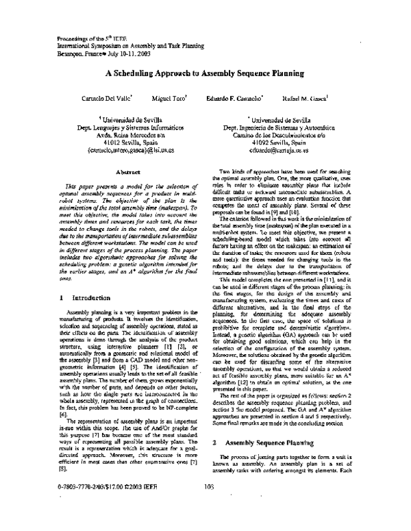 (PDF) A scheduling approach to assembly sequence planning
