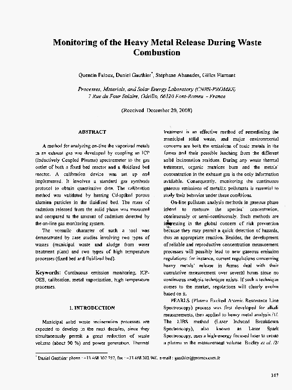 (PDF) Monitoring of the Heavy Metal Release During Waste Combustion