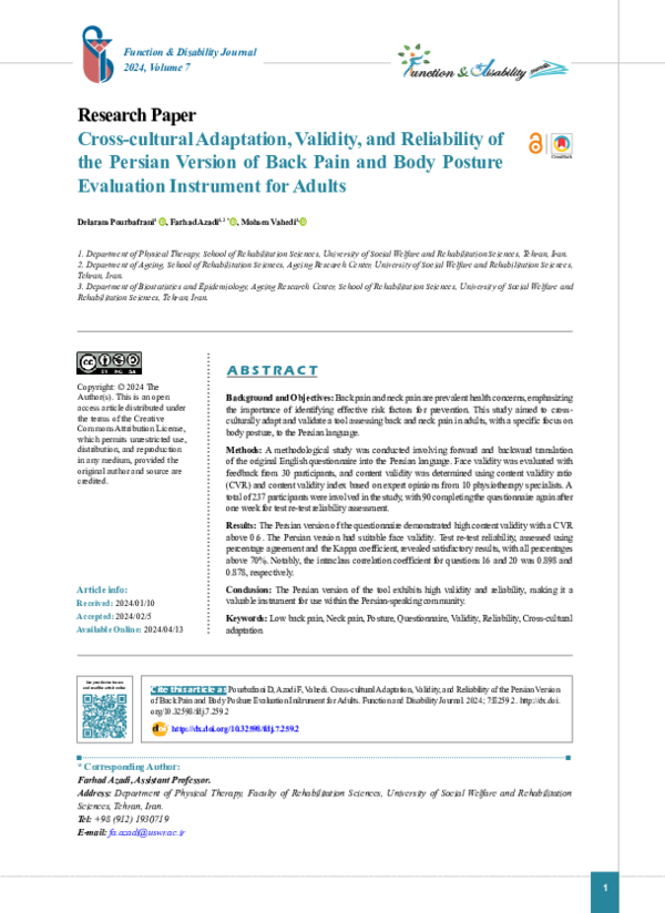 (PDF) Cross-cultural Adaptation, Validity, and Reliability of the Persian Version of Back Pain ...