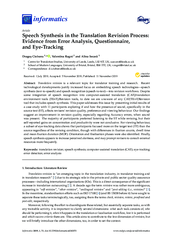(PDF) Speech Synthesis in the Translation Revision Process: Evidence from Error Analysis ...