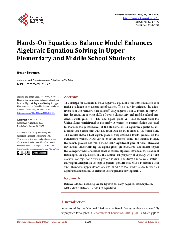 (PDF) Hands-On Equations Balance Model Enhances Algebraic Equation ...