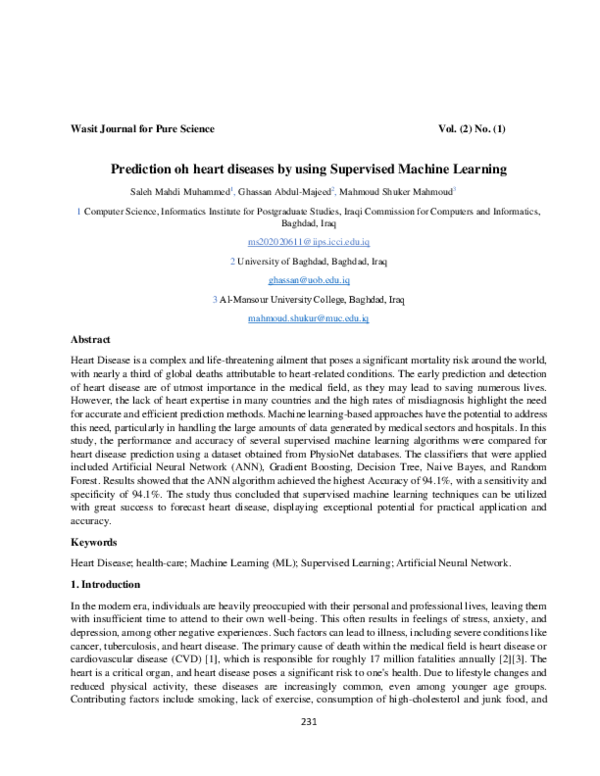 (PDF) Prediction of Heart Diseases by Using Supervised Machine Learning Algorithms