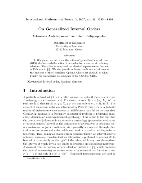 (PDF) Generalized Interval Orders and Choice Sets