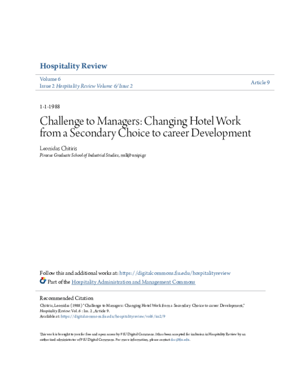 (PDF) Challenge to Managers: Changing Hotel Work from a Secondary ...