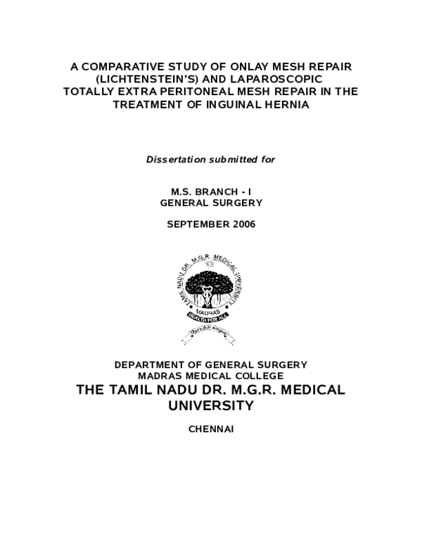 (PDF) A Comparative Study of Onlay Mesh Repair (Lichtenstein'S) and Laparoscopic Totally Extra ...