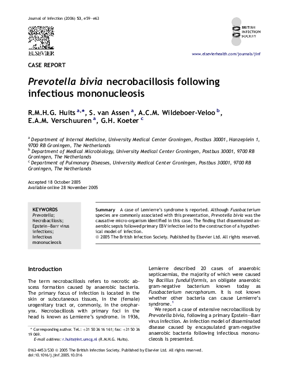 (PDF) Prevotella bivia necrobacillosis following infectious mononucleosis