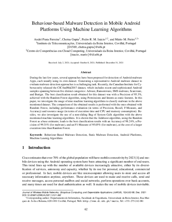 (PDF) Behaviour-based Malware Detection in Mobile AndroidPlatforms Using Machine Learning Algorithms