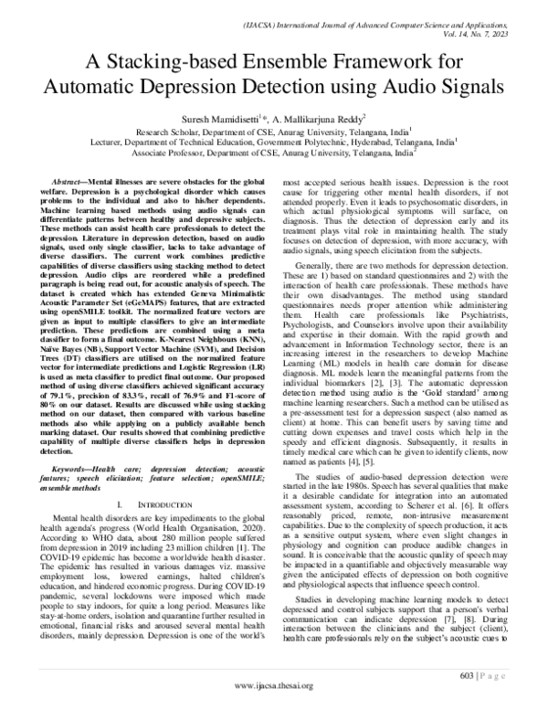 (PDF) A Stacking-based Ensemble Framework for Automatic Depression Detection using Audio Signals