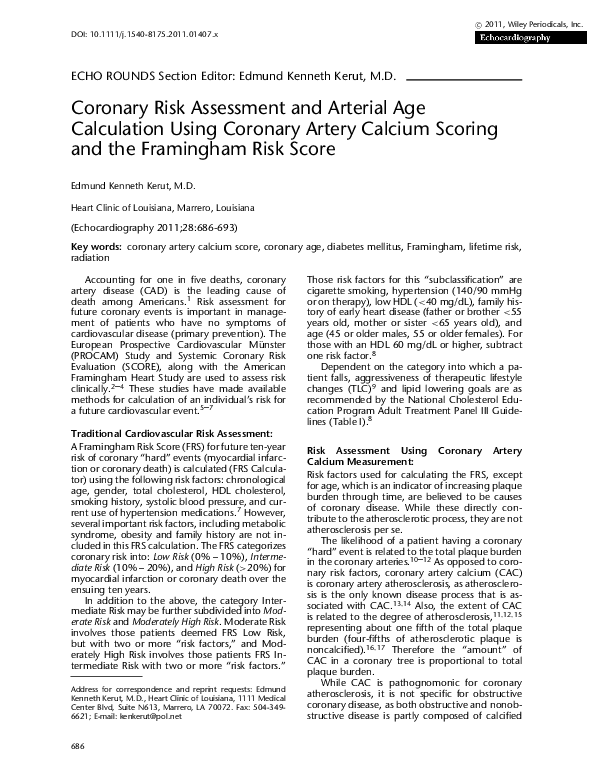 (PDF) Coronary Risk Assessment and Arterial Age Calculation Using ...