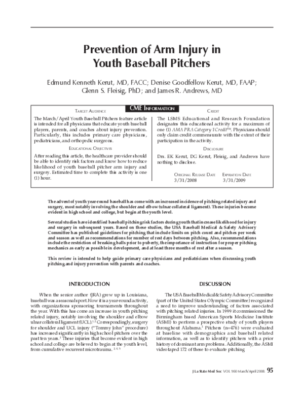 (PDF) Prevention of arm injury in youth baseball pitchers