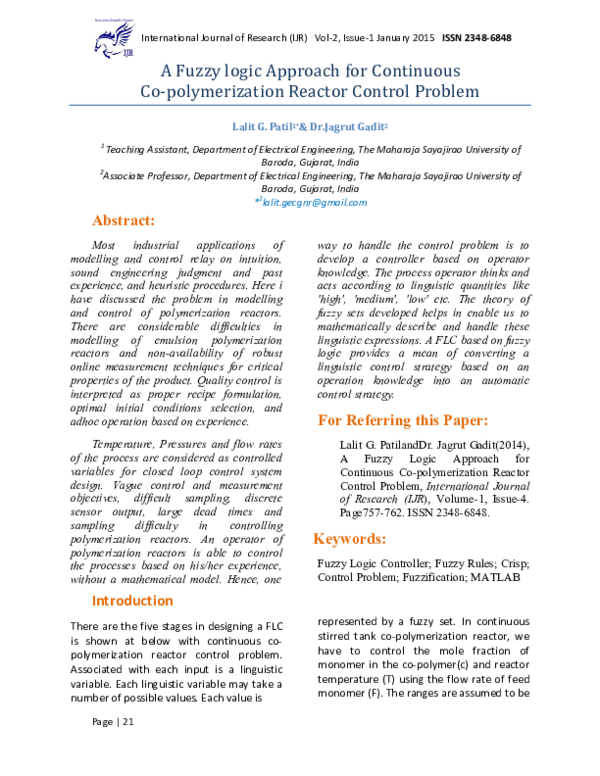 Pdf A Fuzzy Logic Approach For Continuous Co Polymerization Reactor Control Problem 