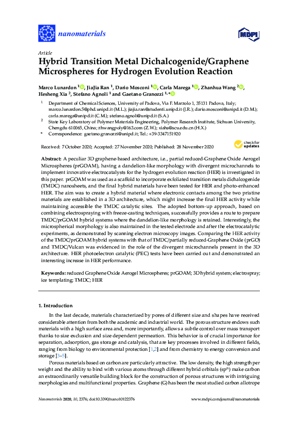 (PDF) Hybrid Transition Metal Dichalcogenide/Graphene Microspheres for Hydrogen Evolution Reaction