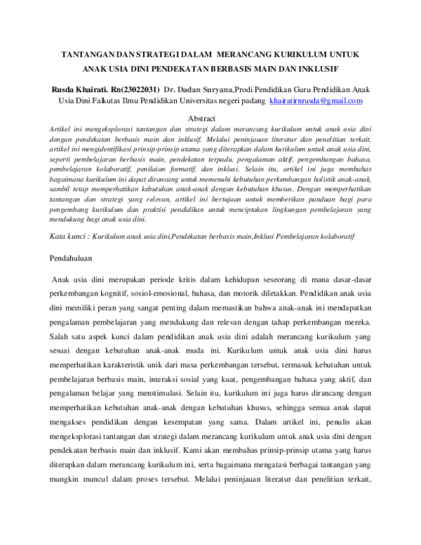 (PDF) TANTANGAN DAN STRATEGI DALAM MERANCANG KURIKULUM UNTUK ANAK USIA DINI PENDEKATAN BERBASIS ...