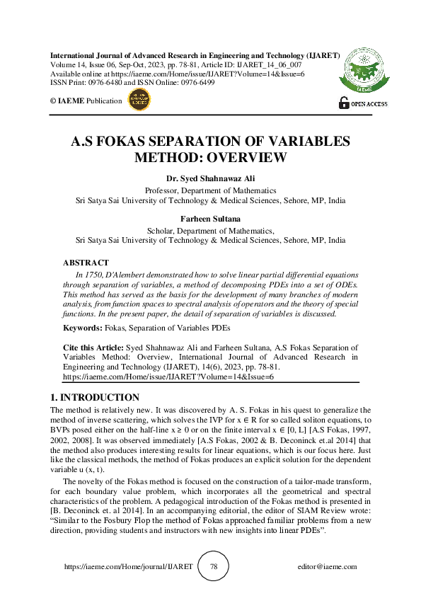 (PDF) A.S FOKAS SEPARATION OF VARIABLES METHOD: OVERVIEW | IAEME Publication - Academia.edu