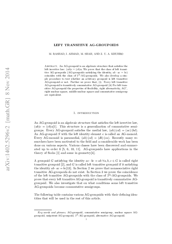 (PDF) Left Transitive AG-groupoids