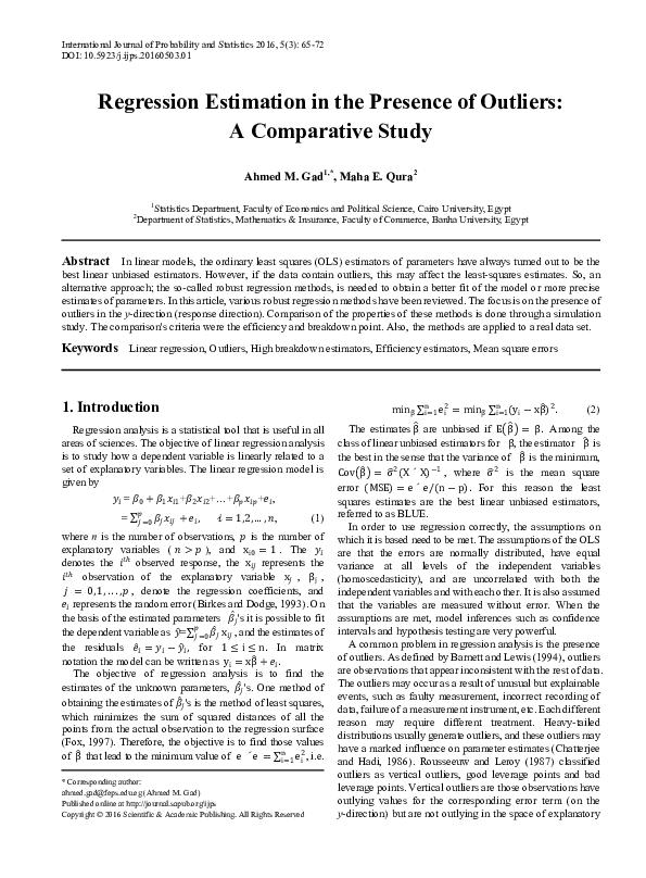 (PDF) Regression Estimation in the Presence of Outliers: A Comparative ...