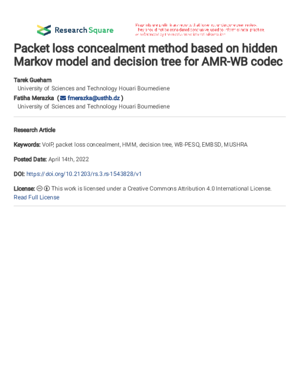 (PDF) Packet loss concealment method based on hidden Markov model and decision tree for AMR-WB codec