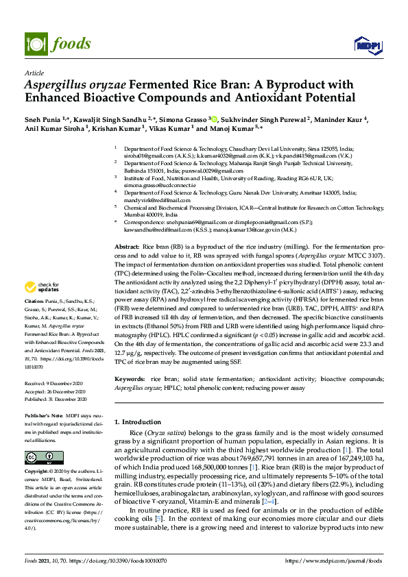 (PDF) Aspergillus oryzae Fermented Rice Bran: A Byproduct with Enhanced Bioactive Compounds and ...