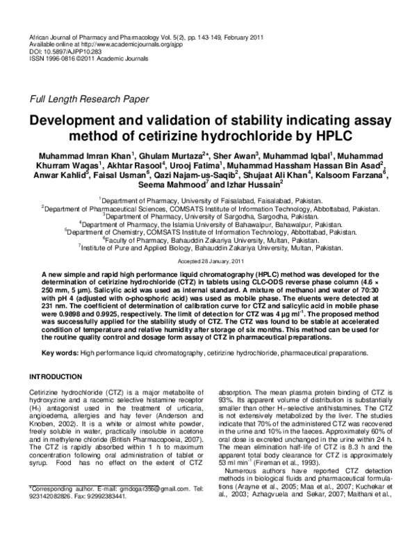 (PDF) Development and validation of stability indicating assay method of cetirizine ...