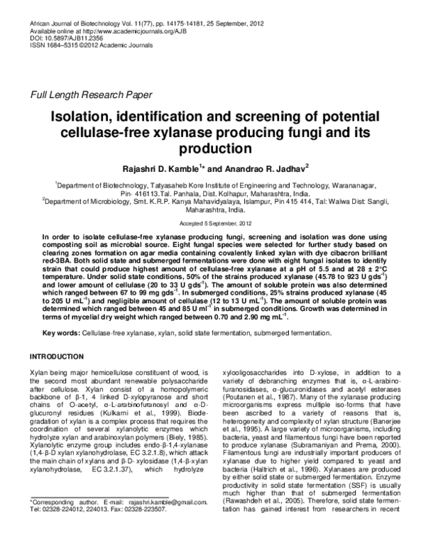 (PDF) Isolation, identification and screening of potential cellulase-free xylanase producing ...