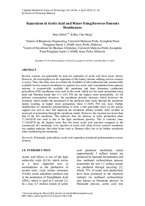 (PDF) Separation of Acetic Acid and Water Using Reverse Osmosis Membranes