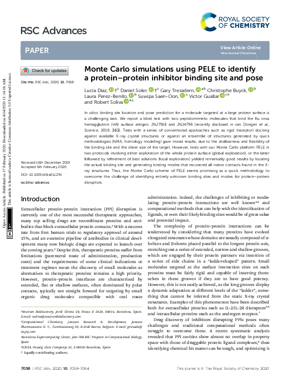 (PDF) Monte Carlo simulations using PELE to identify a protein–protein inhibitor binding site ...