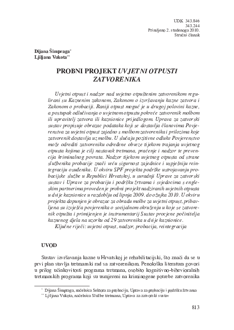 (PDF) Probni projekt Uvjetni otpust zatvorenika