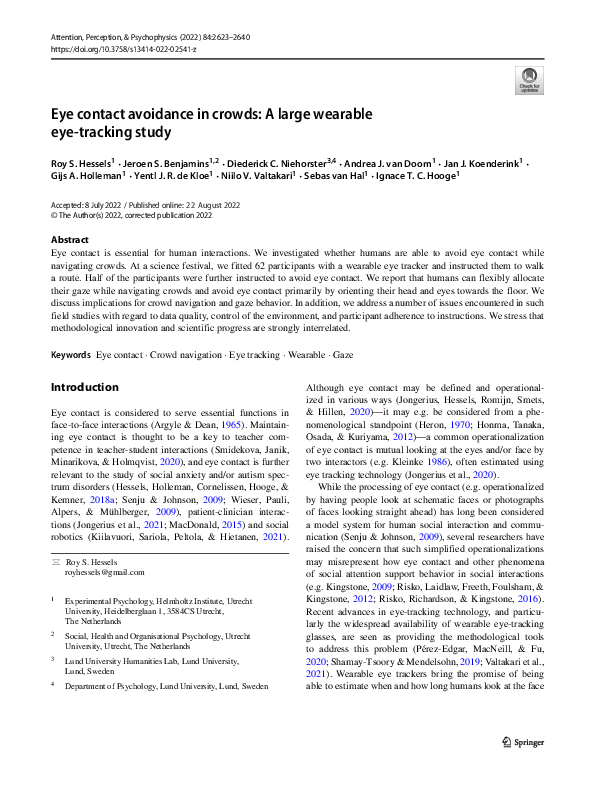 (PDF) Eye contact avoidance in crowds: A large wearable eye-tracking study