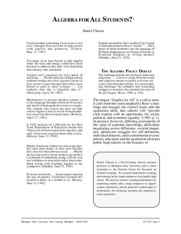 (PDF) Algebra for all students?