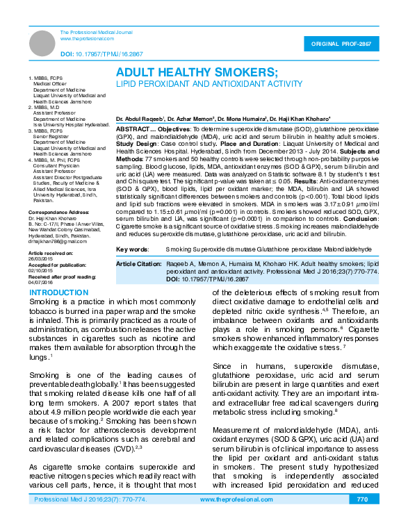 (PDF) Adult Healthy Smokers; Lipid Peroxidant and Antioxidant Activity