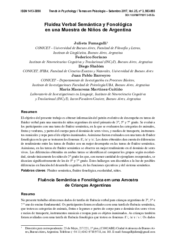 (PDF) Fluidez Verbal Semántica y Fonológica en una Muestra de Niños de Argentina