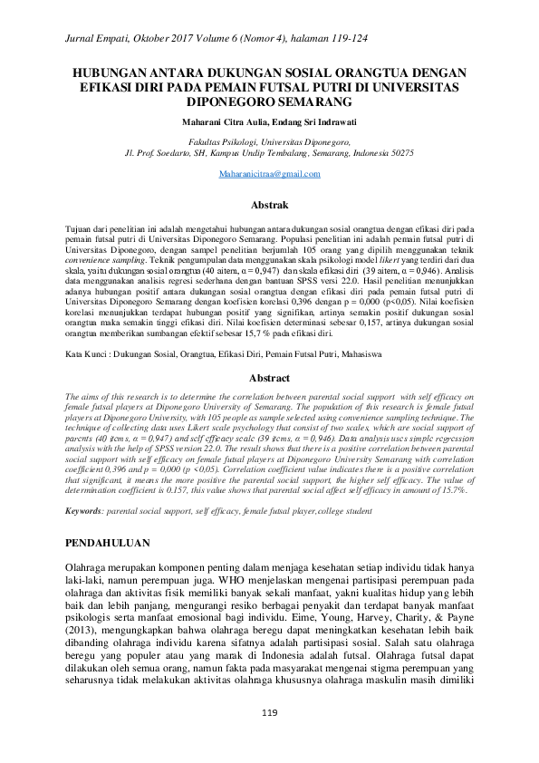 (PDF) Hubungan Antara Dukungan Sosial Orangtua Dengan Efikasi Diri Pada Pemain Futsal Putri DI ...