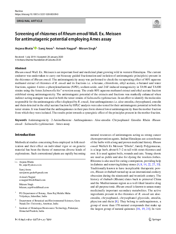(PDF) Screening of rhizomes of Rheum emodi Wall. Ex. Meissen for antimutagenic potential ...