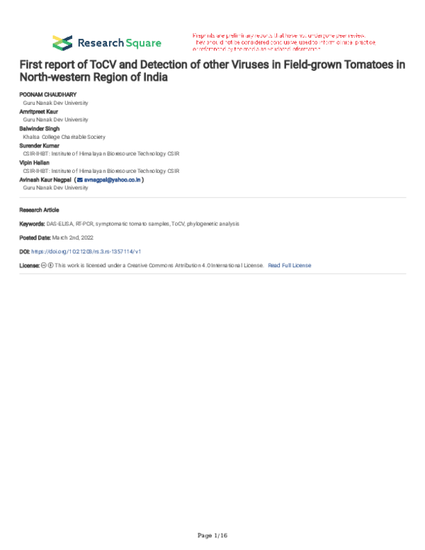 (PDF) First report of ToCV and Detection of other Viruses in Field ...
