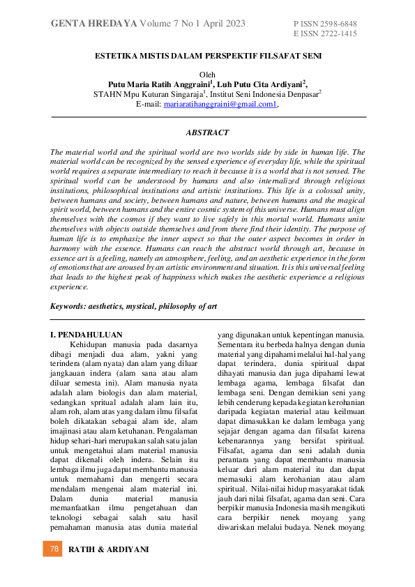 (PDF) Estetika Mistis Dalam Perspektif Filsafat Seni