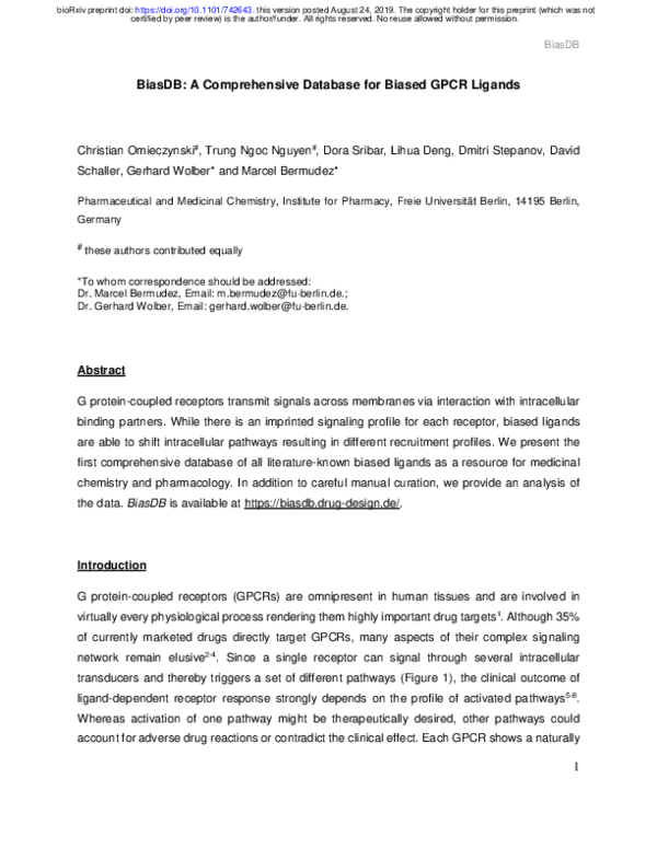 (PDF) BiasDB: A Comprehensive Database for Biased GPCR Ligands
