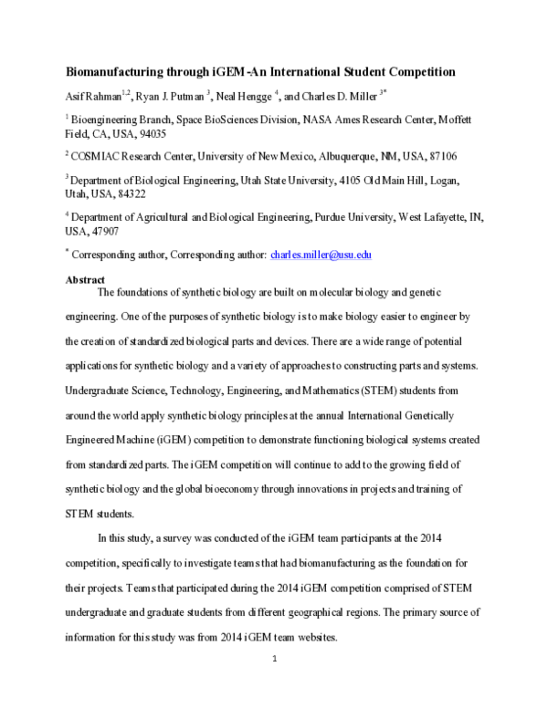 (PDF) Biomanufacturing through iGEM-An International Student Competition